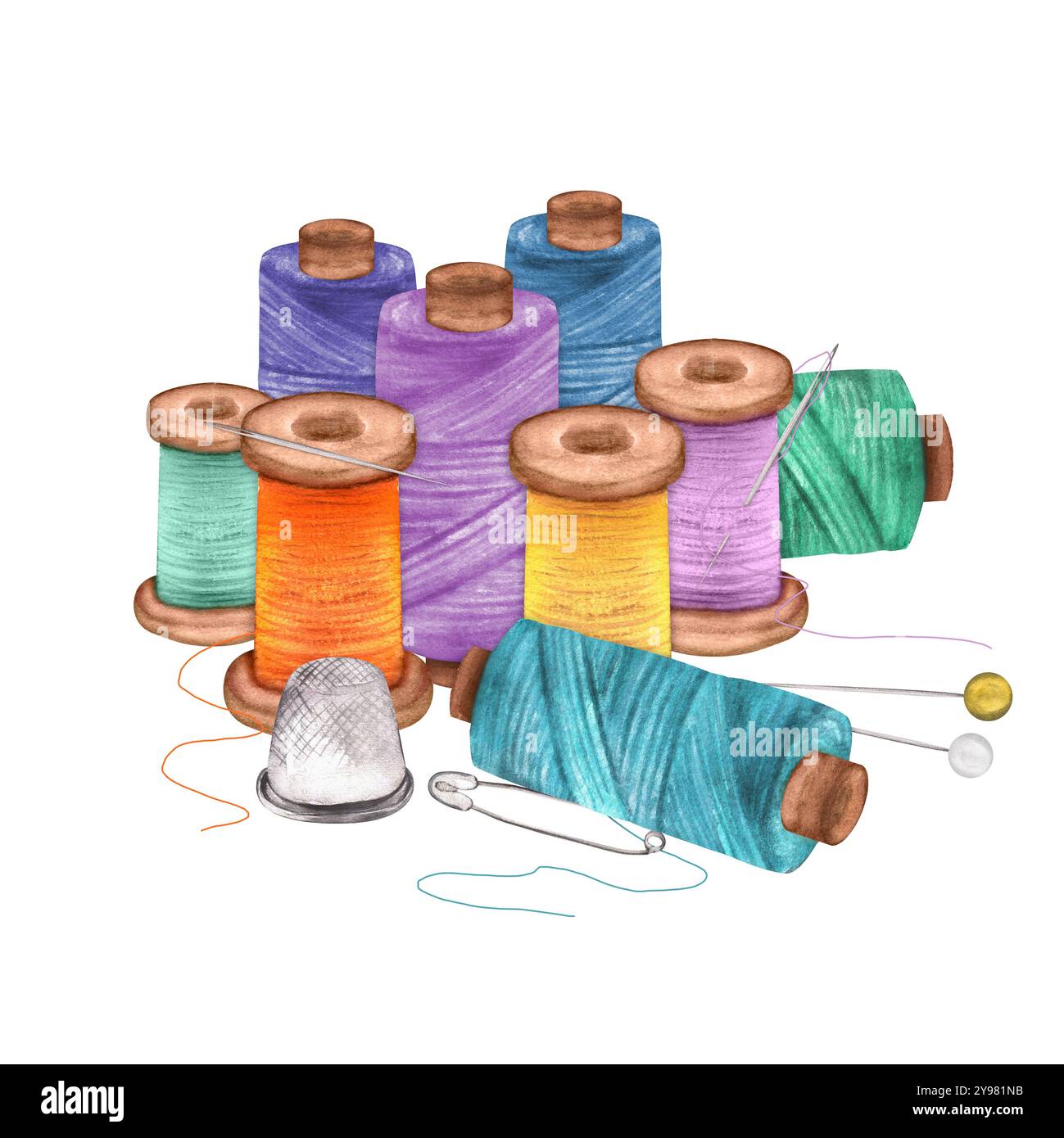 Sewing threads, pins, thimble and needles. Sewing clipart. Tailoring ...