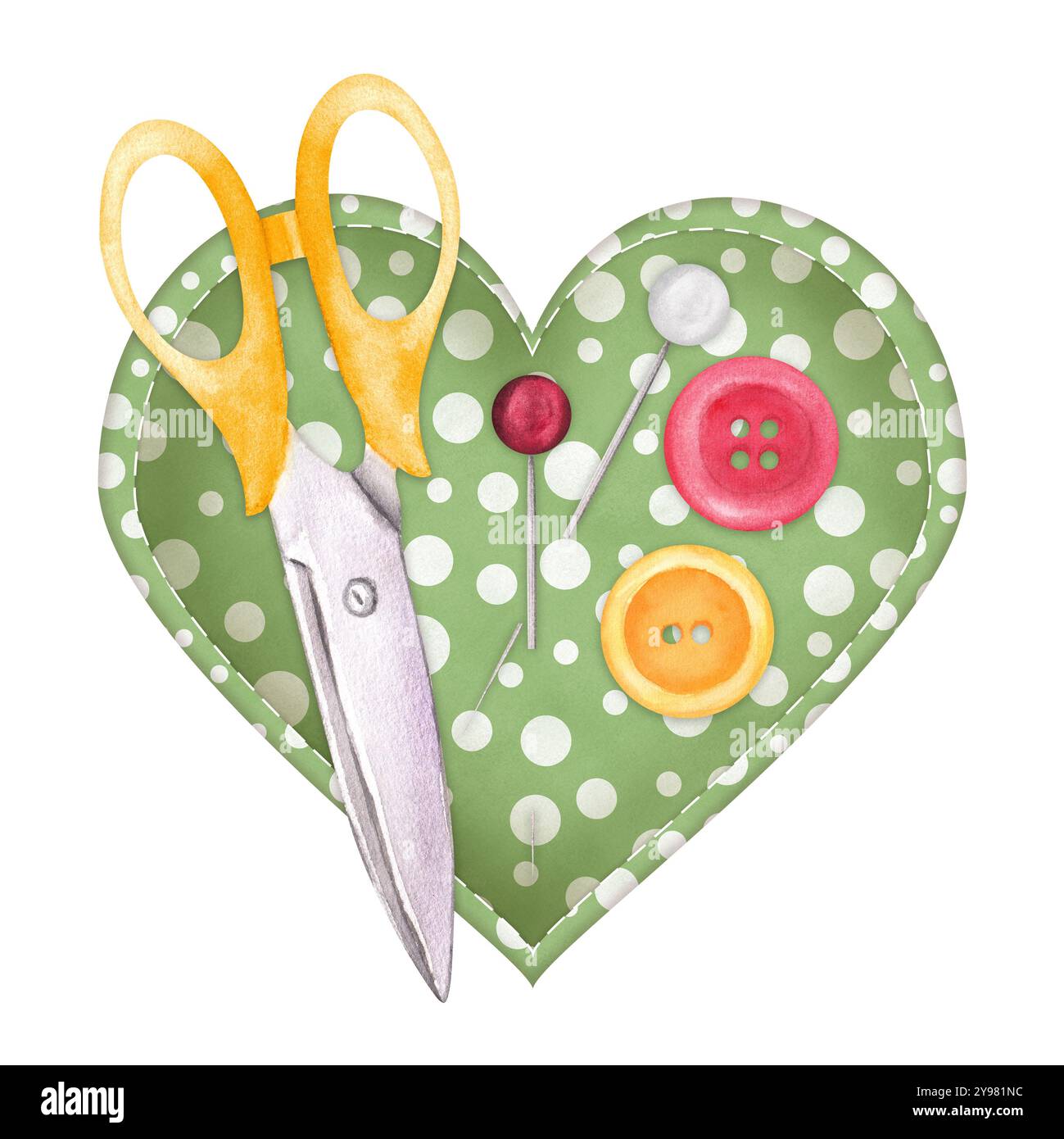 Fabric heart shaped pincushion with pins, scissors and buttons ...