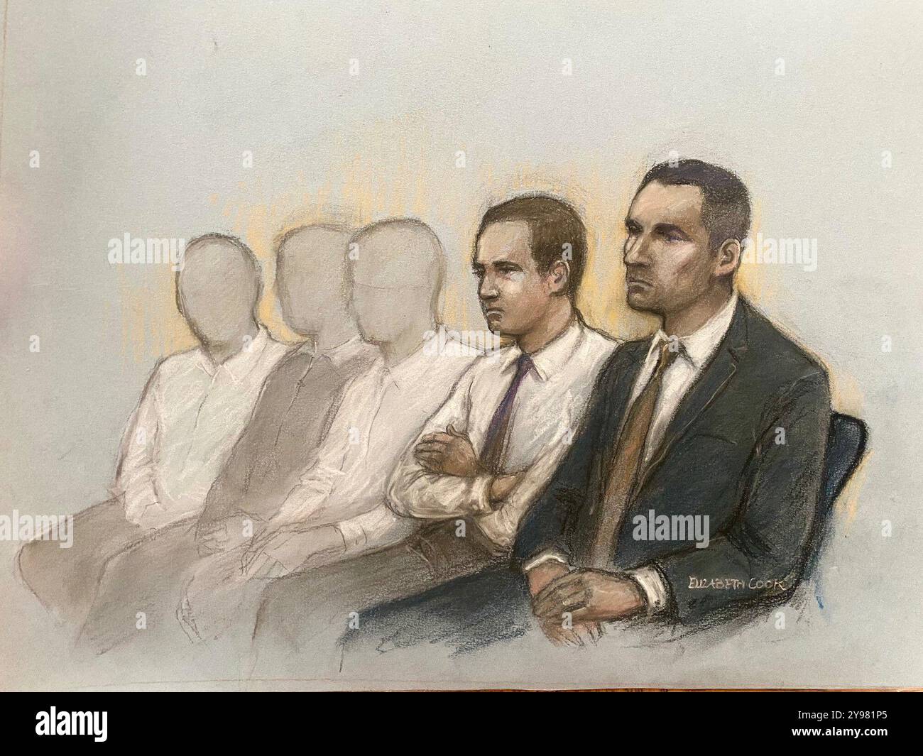 Court artist drawing by Elizabeth Cook of Antony Snook (right) sitting ...