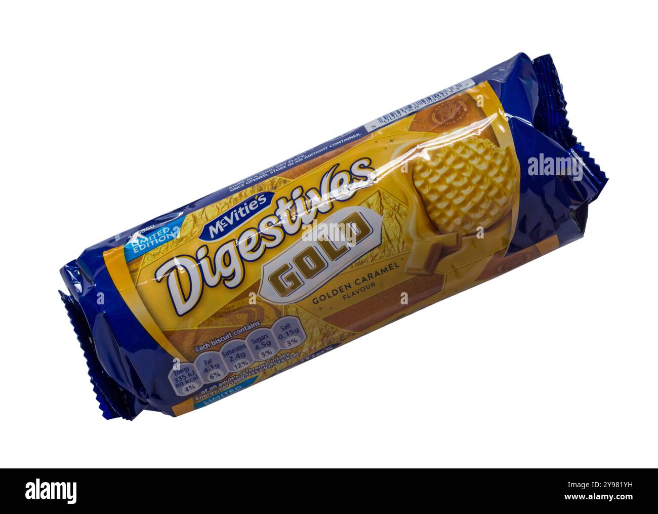 packet of McVitie's Digestives Gold biscuits isolated on white ...