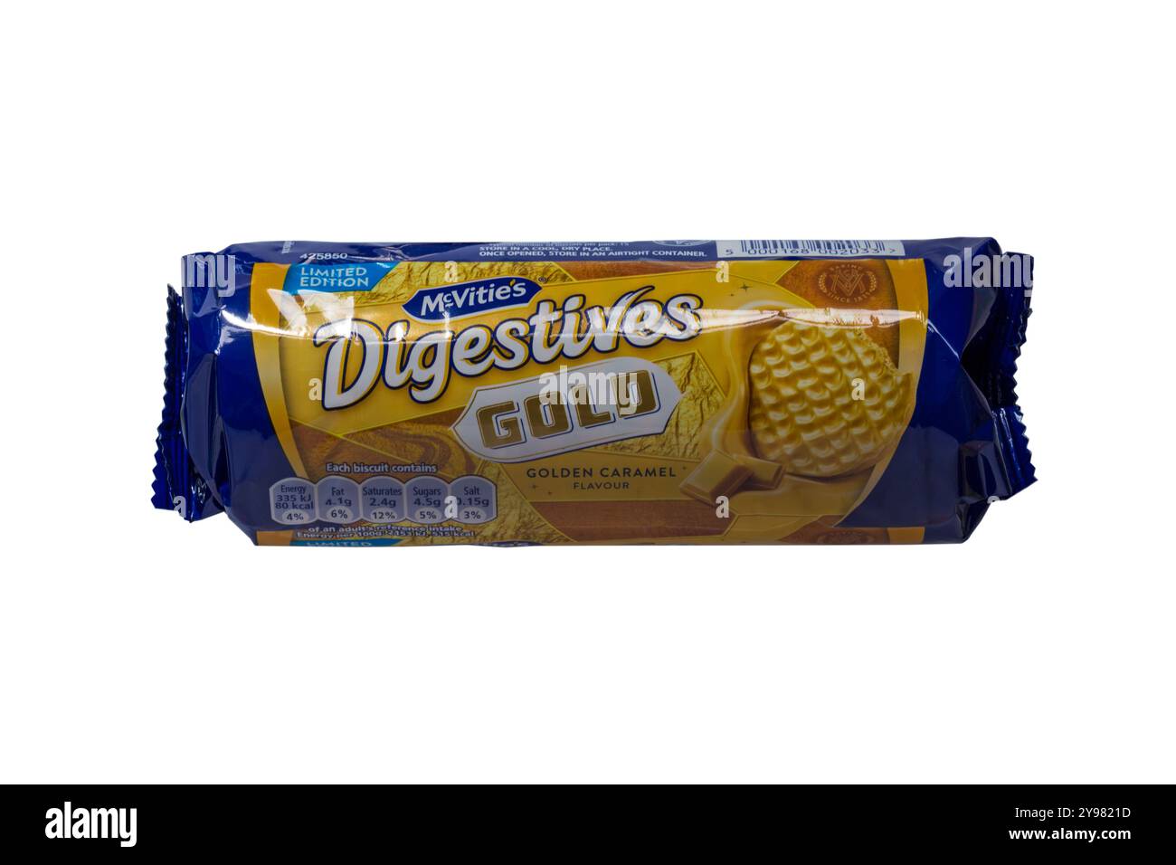 packet of McVitie's Digestives Gold biscuits isolated on white ...