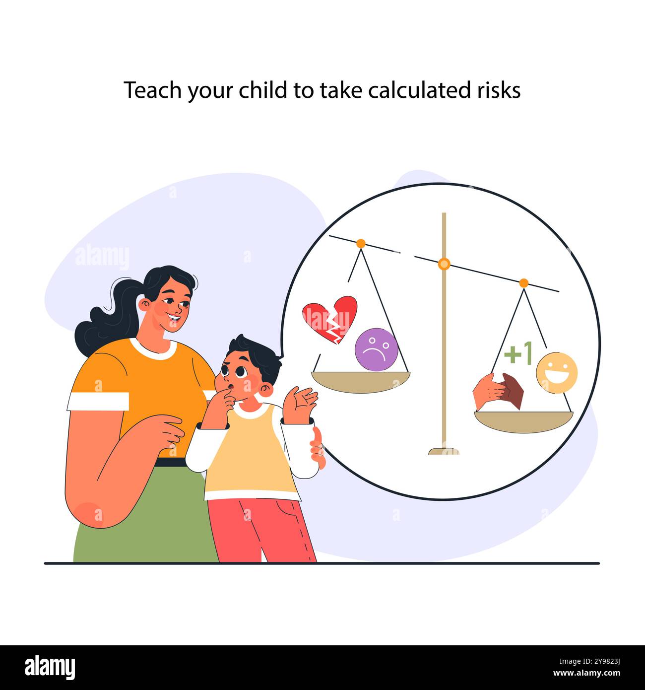 Modern positive parenting. Parent helping a child to conquer fears and take a calculated risk ...