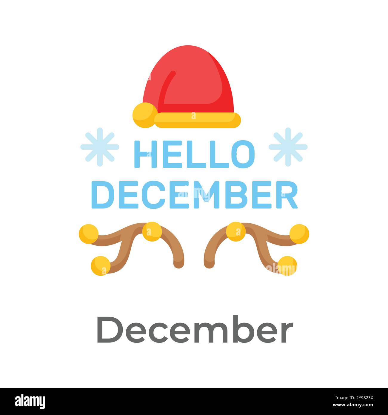 Hello december quote with santa hat, snowflakes and deer horns ...