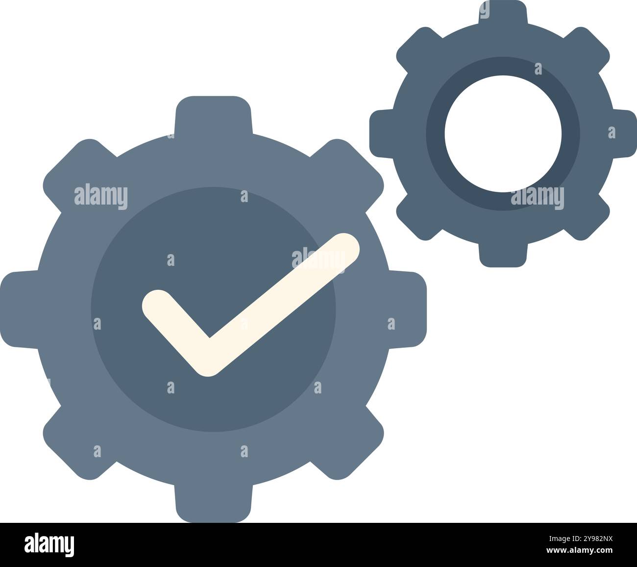 Two gears with a checkmark symbol representing a successfully working process, mechanism or ...