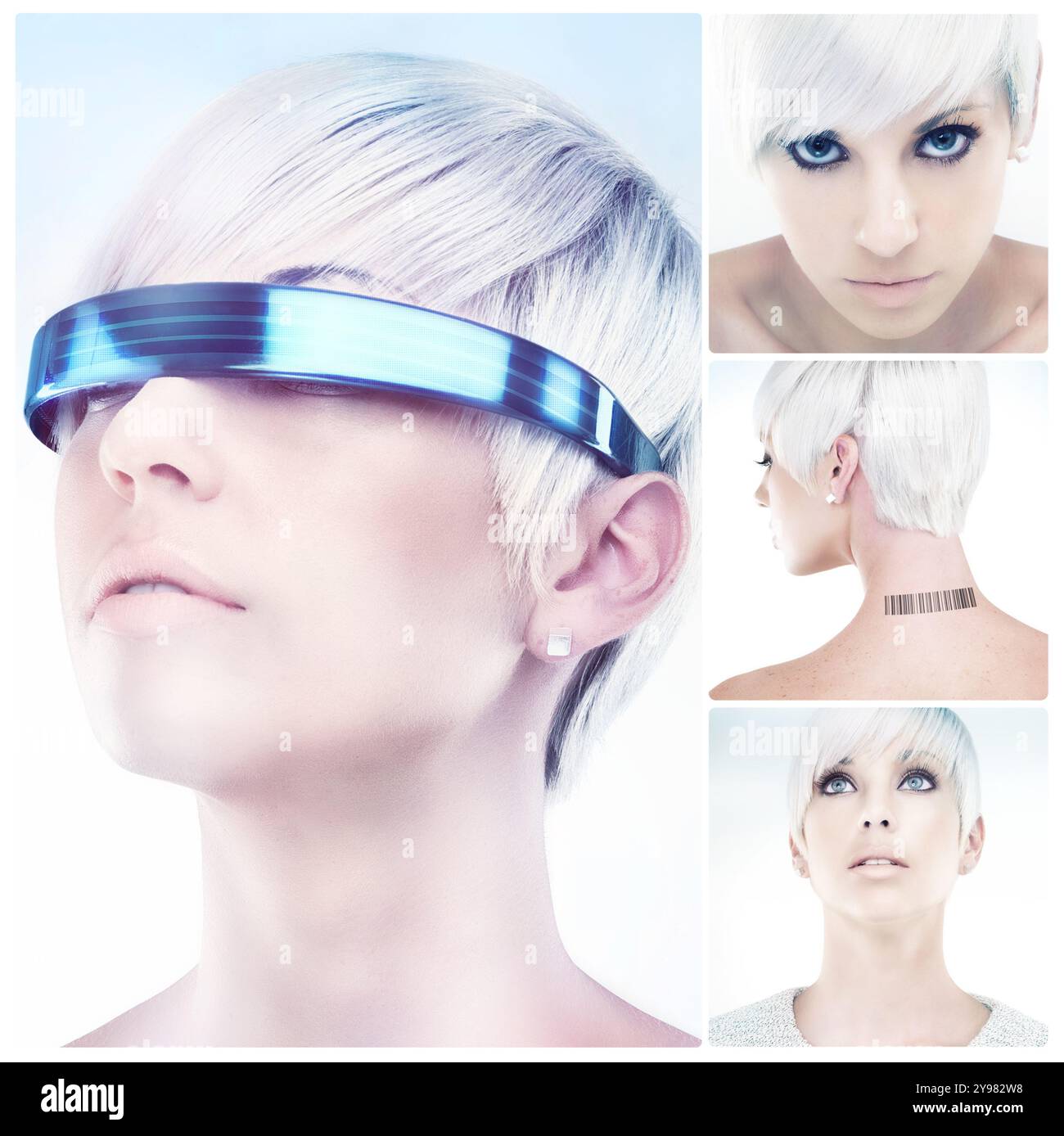 Collage, woman and futuristic with glasses, science fiction and ...