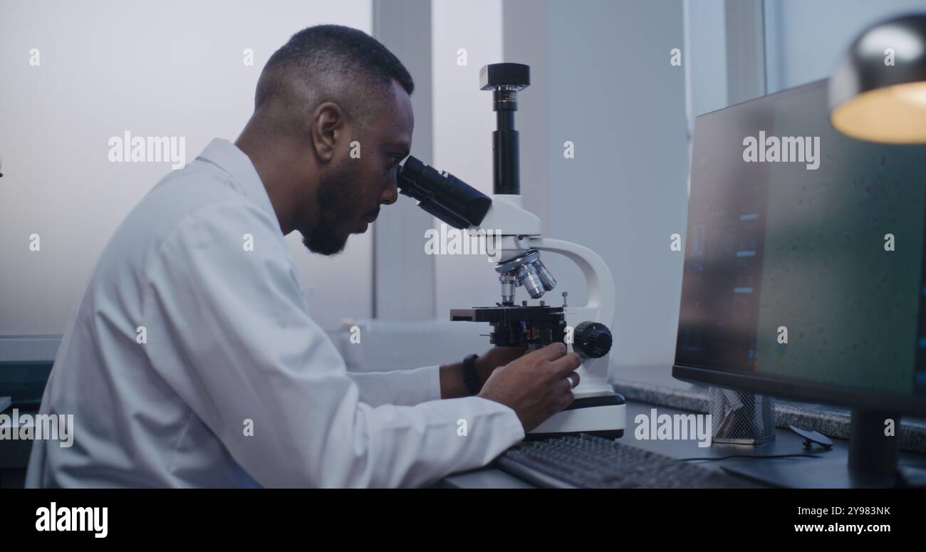 Medical science laboratory: African American microbiologist looks under ...