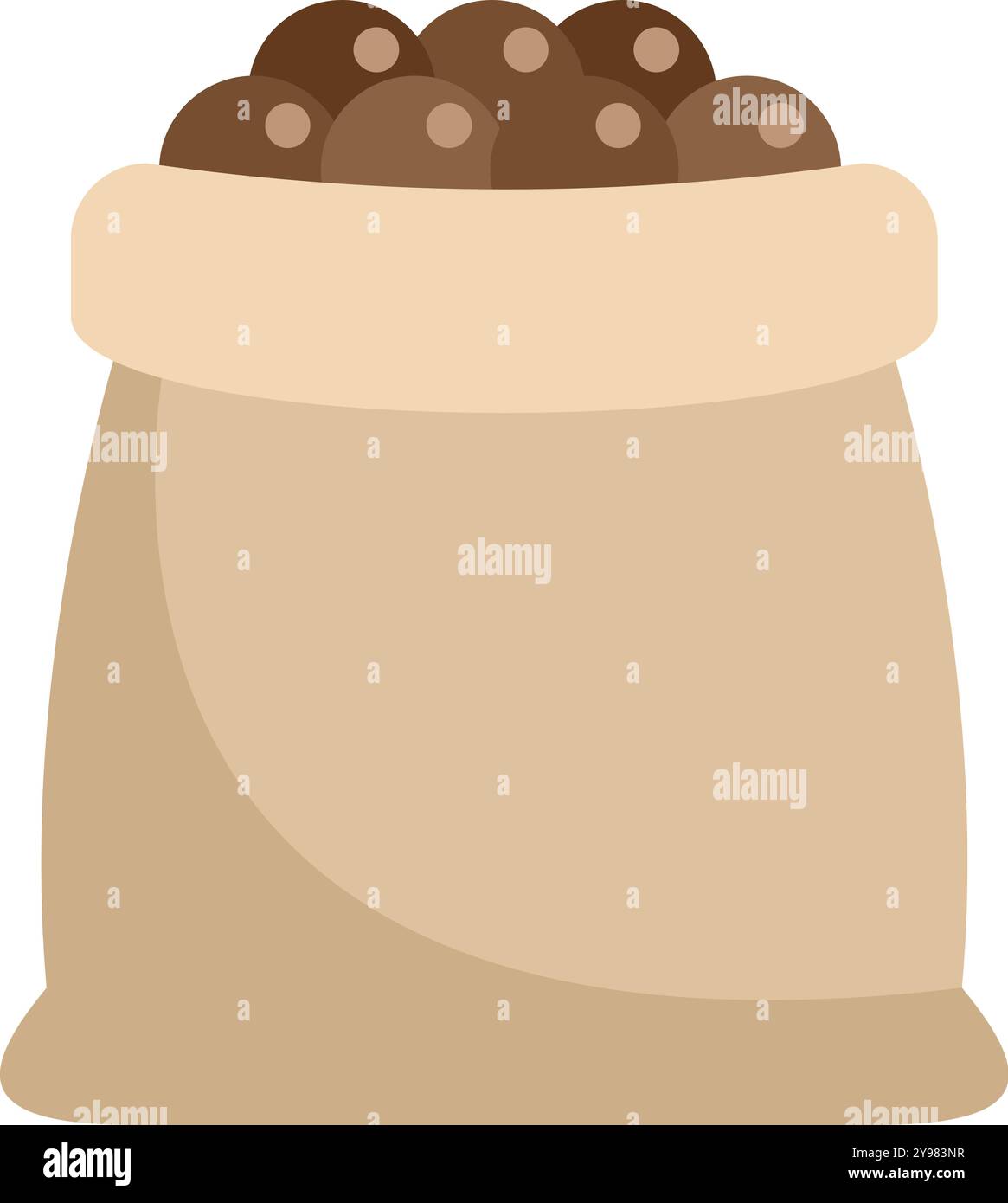 Full burlap sack overflowing with coffee beans is standing upright ...