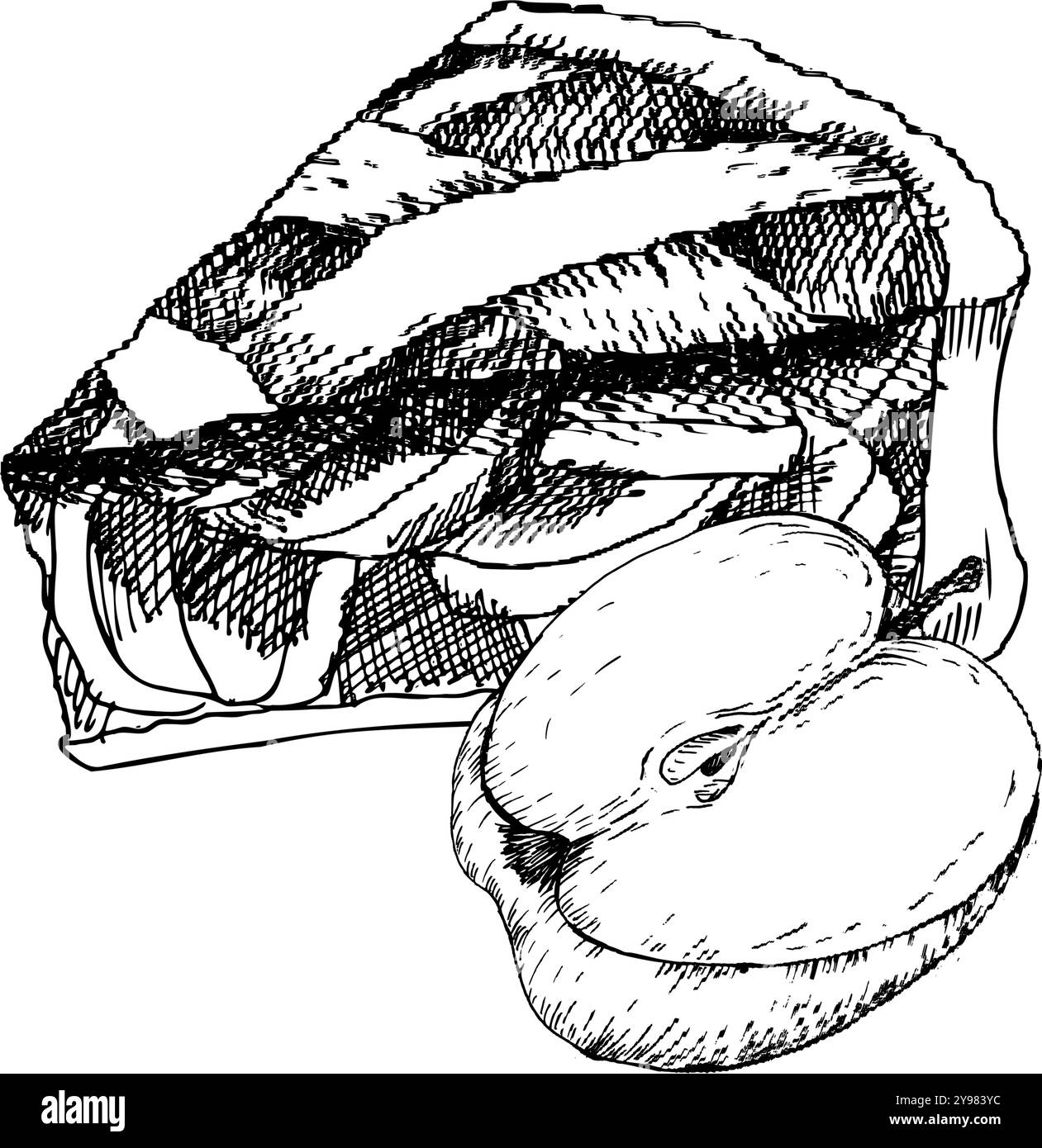 Vector ink autumn apple pie piece with half apple composition. Hand ...