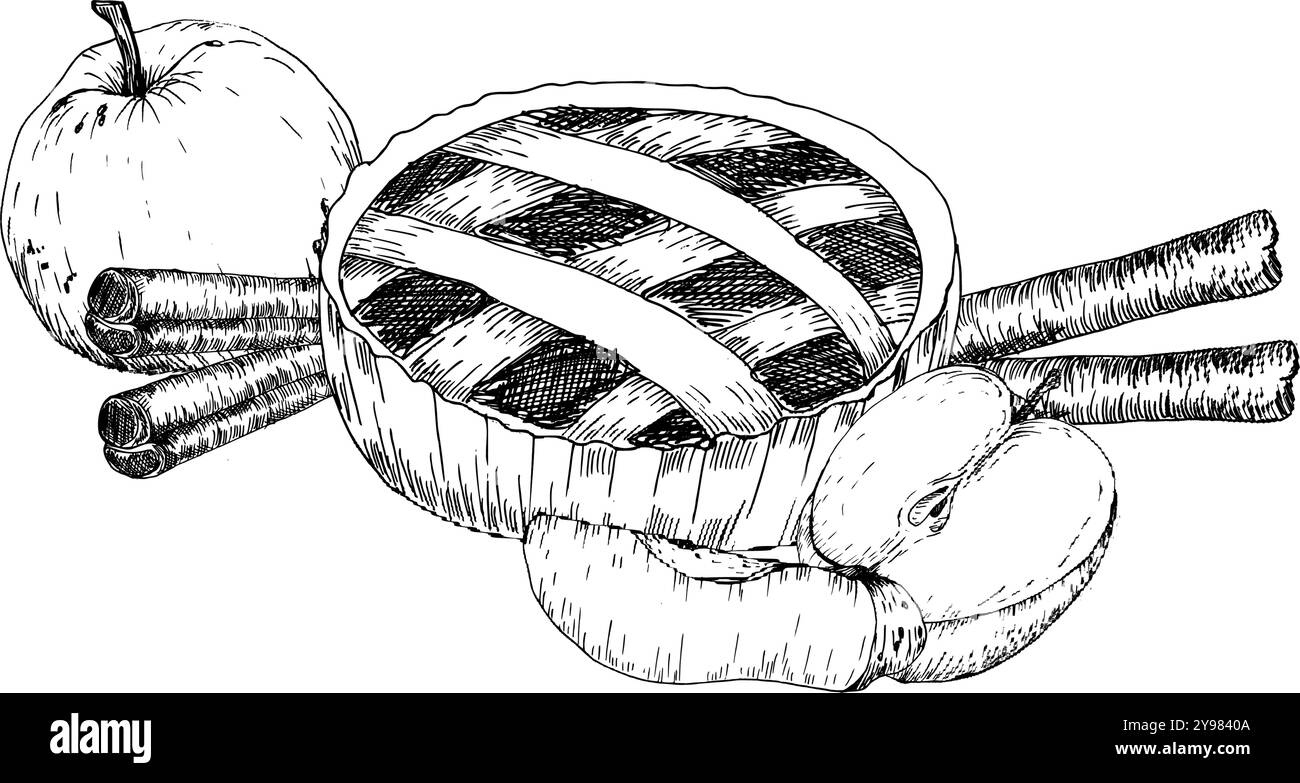 Baked apple pie with apple fruits and cinnamon sticks ink graphics ...