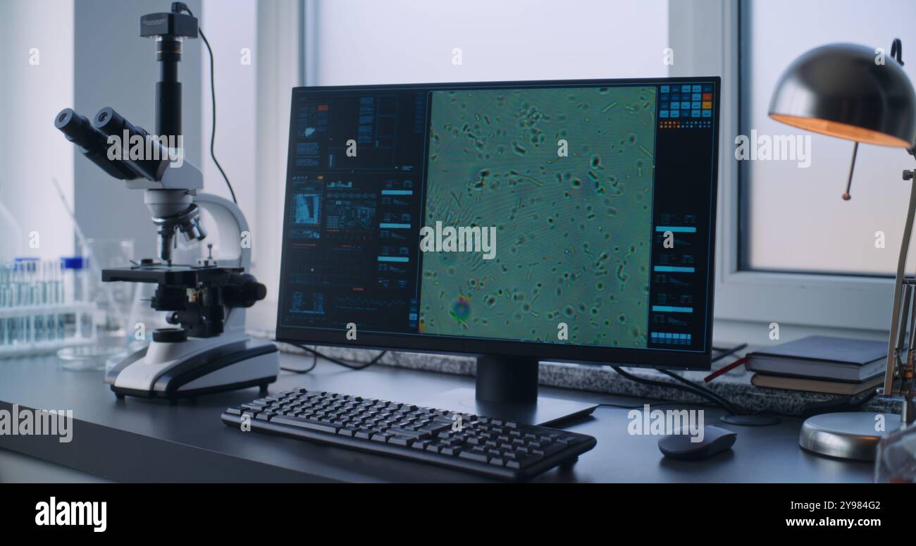Workplace in advanced medical science laboratory: PC screen shows image ...