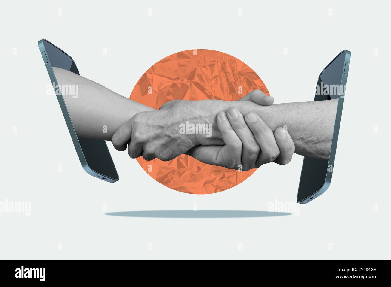 Collage picture hands body fragments hold each other handshake ...