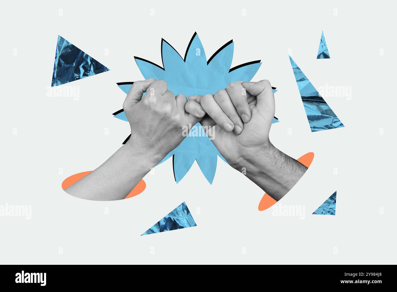 Creative picture collage hands body fragment cooperation fingers peace ...