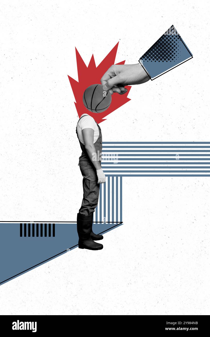 Composite trend artwork 3D image photo collage of monochrome young man caricature headless ...