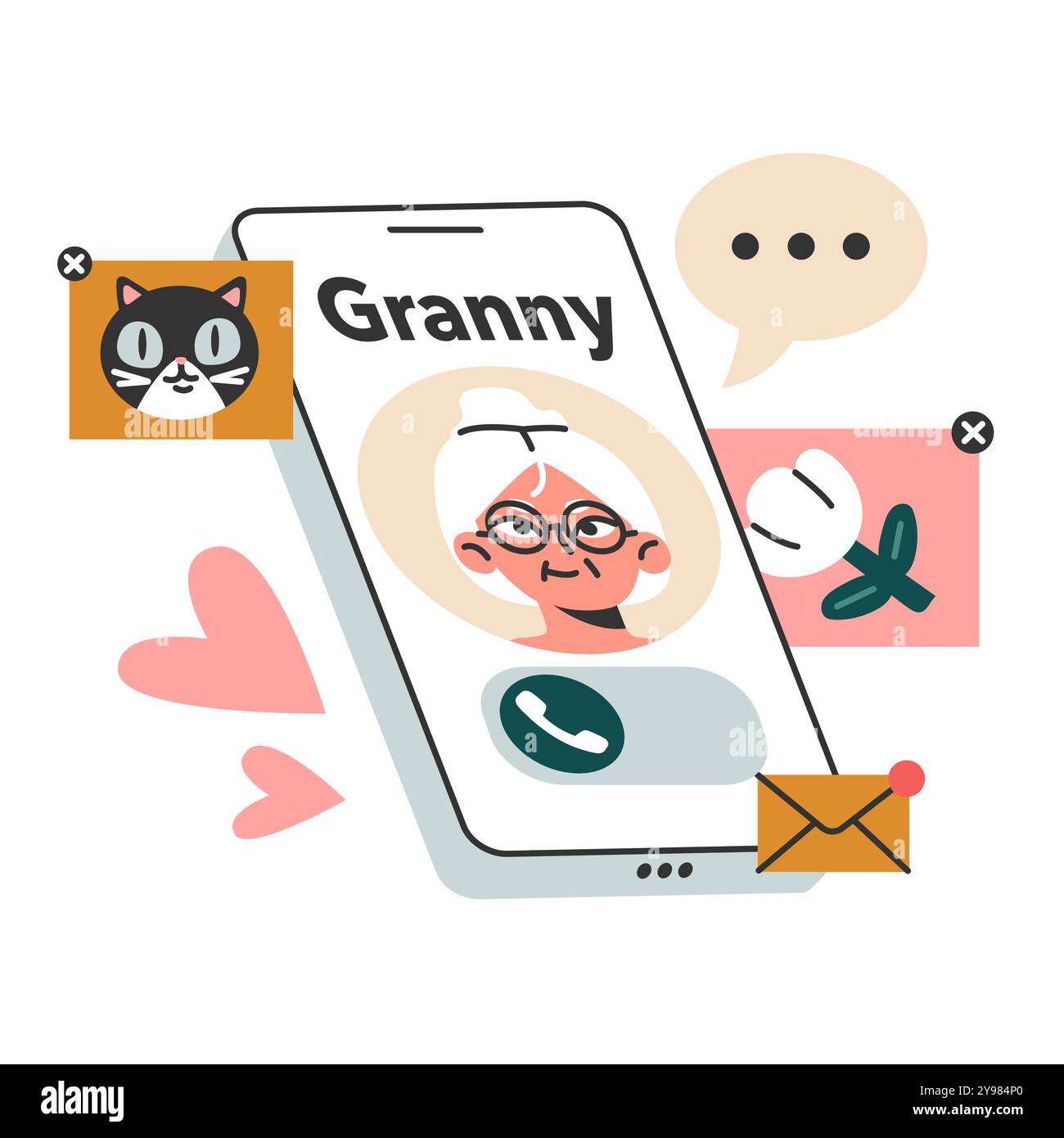 Video call on the smartphone screen. Grandmother is calling. Woman in ...