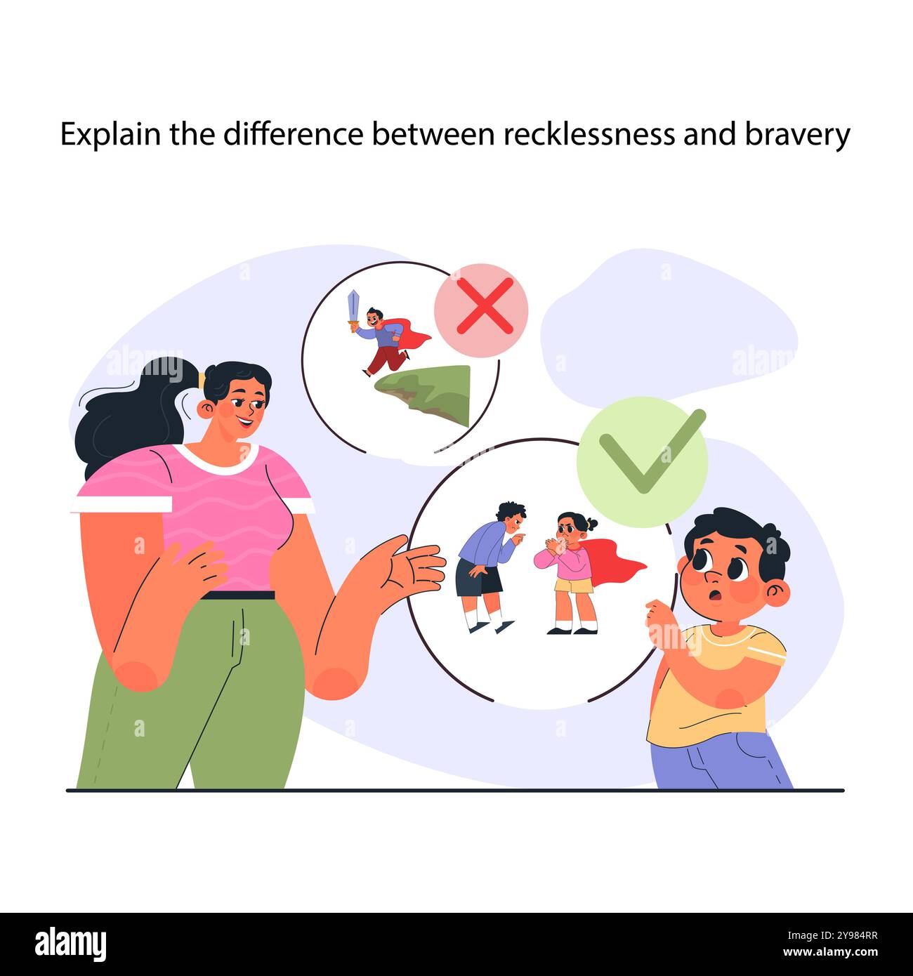 Modern positive parenting. Parent helping a child to define bravery and reclessness. Moral ...