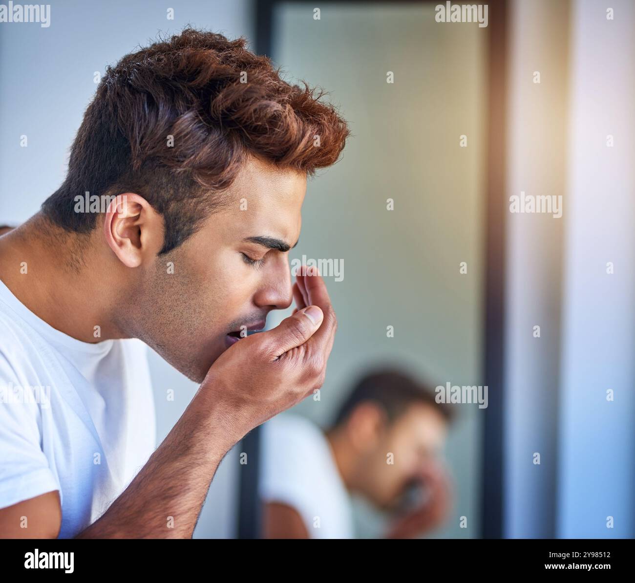 Dental hygiene, man and smell mouth for bad breath in bathroom with ...