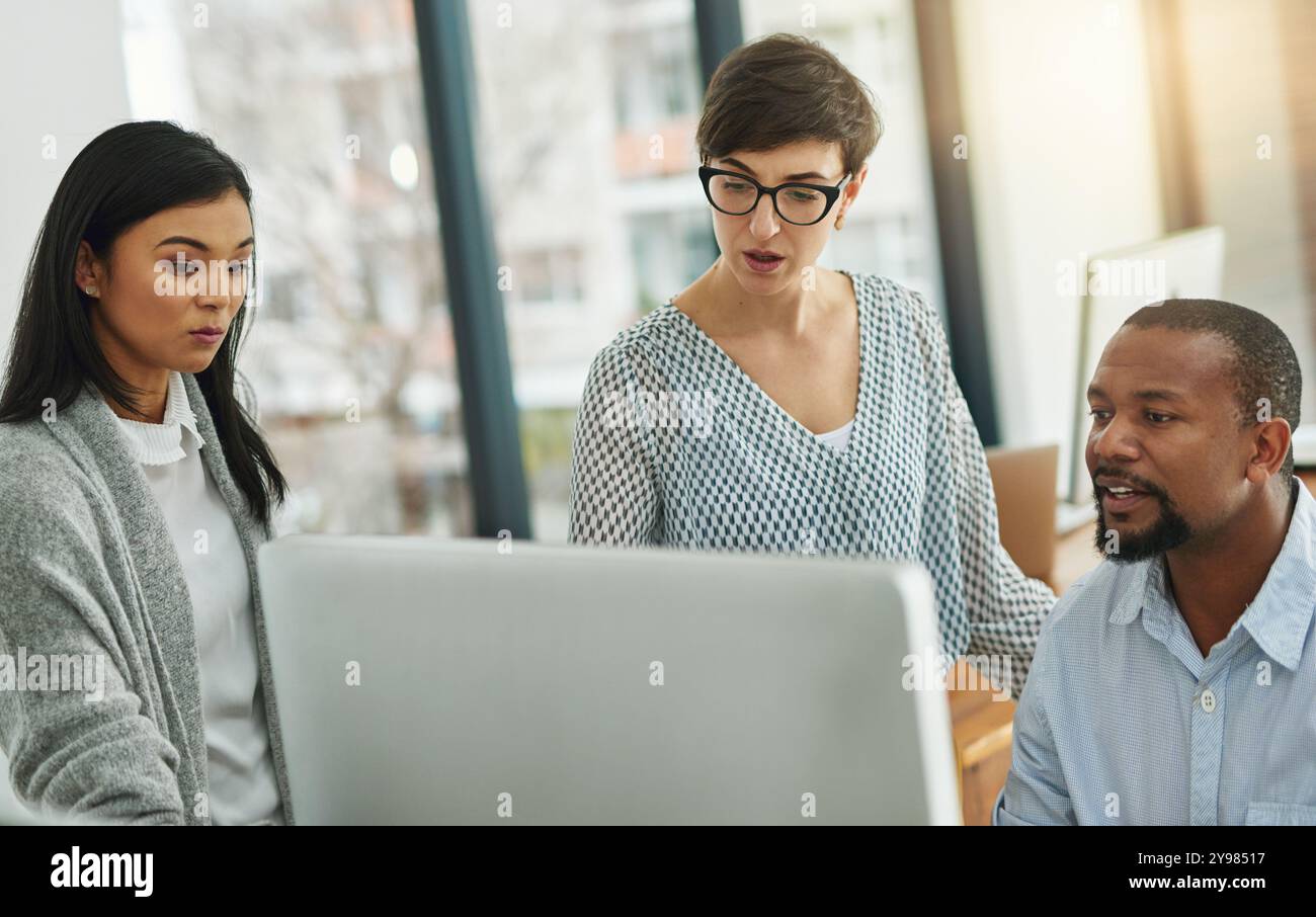 Business people, computer and feedback with planning, conversation and ...