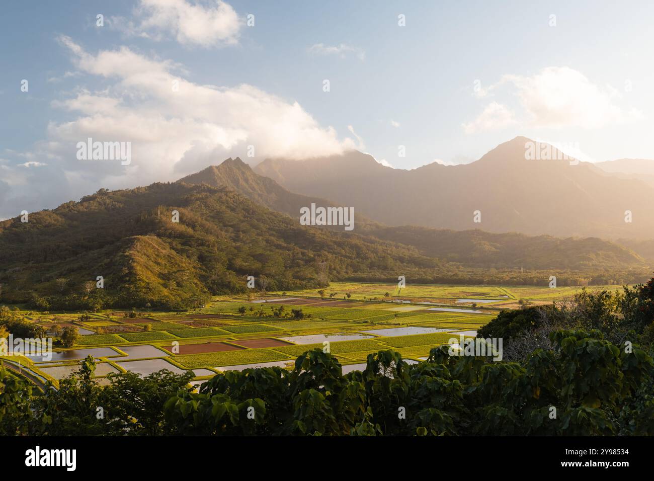 Island of Kauai as seen from above a helicopter tour with shining sun ...