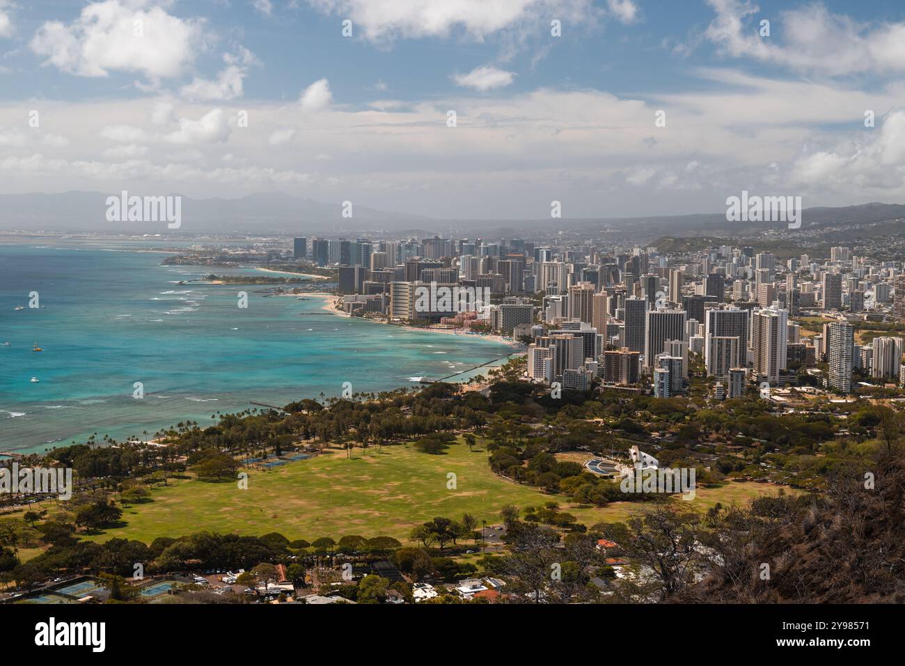 Honolulu coast and skyscrapers with Waikiki Beach as seen from Diamond ...