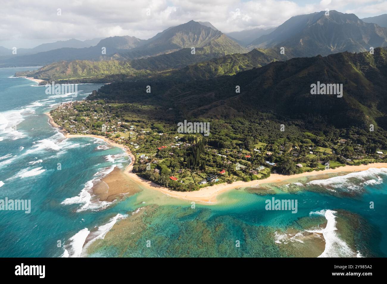 View of Kalalau Trailhead, Haena State Park and Tunnels Beach at the Na ...