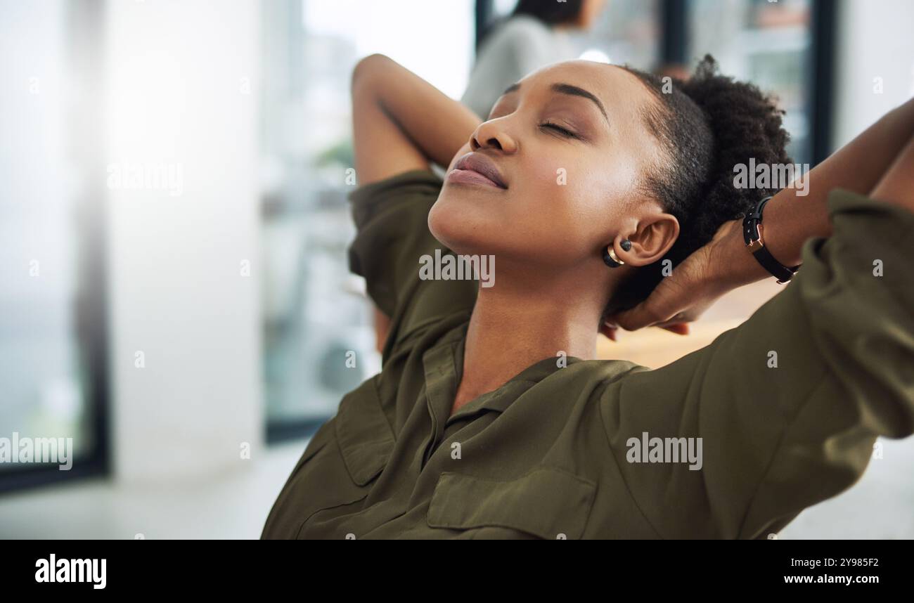 Business, woman and relax on break in office with stretching ...