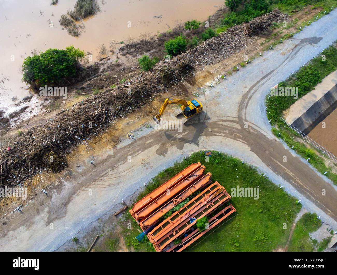 Landslides and natural disasters with excavators working on site ...