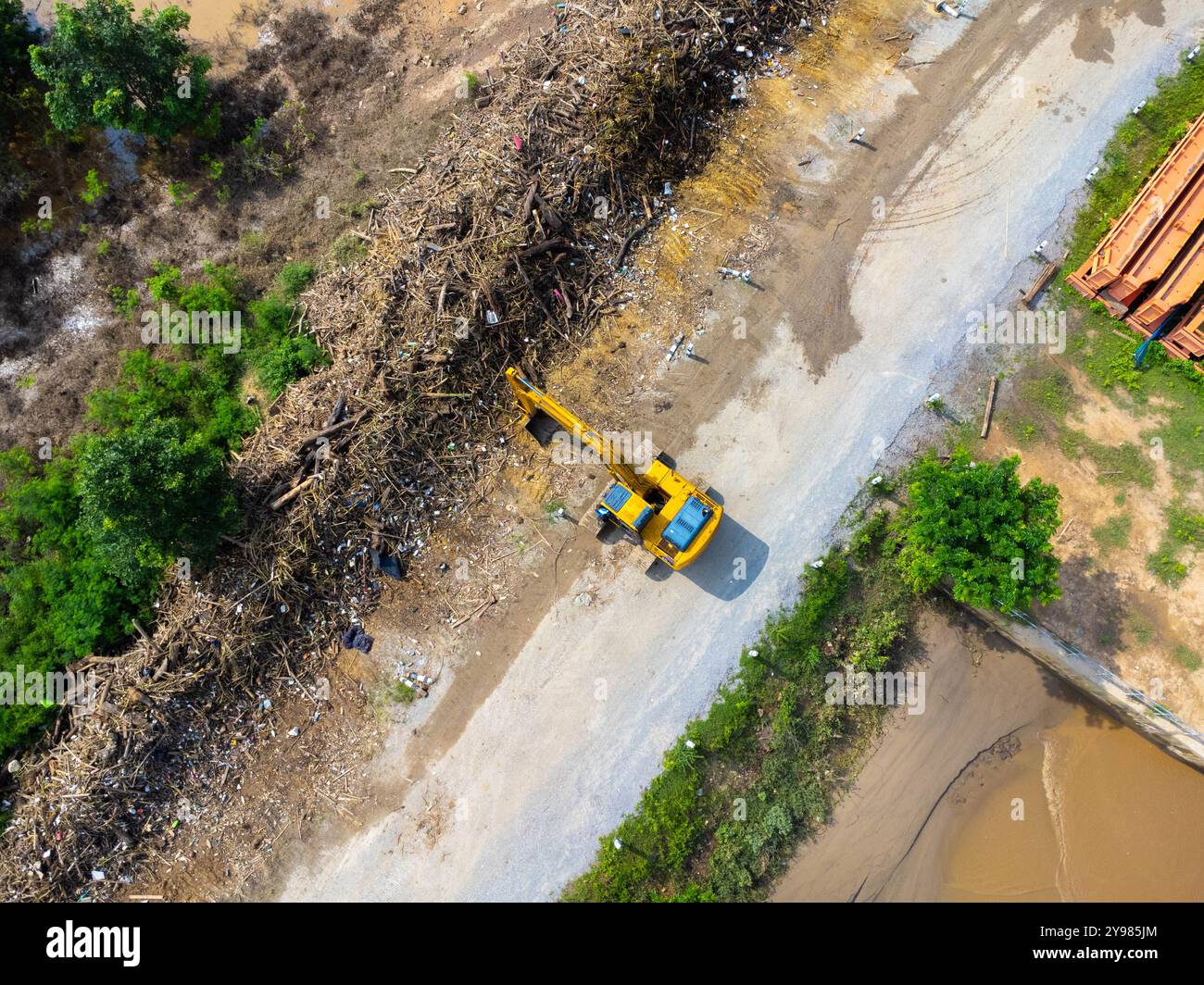 Landslides and natural disasters with excavators working on site ...