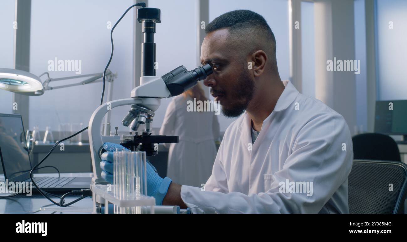 Bright medical science lab: African American microbiologist looks under ...