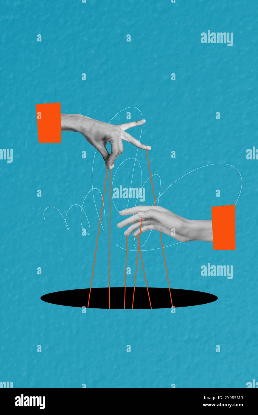 Vertical photo collage of hands hold rope solve knot marionette control ...