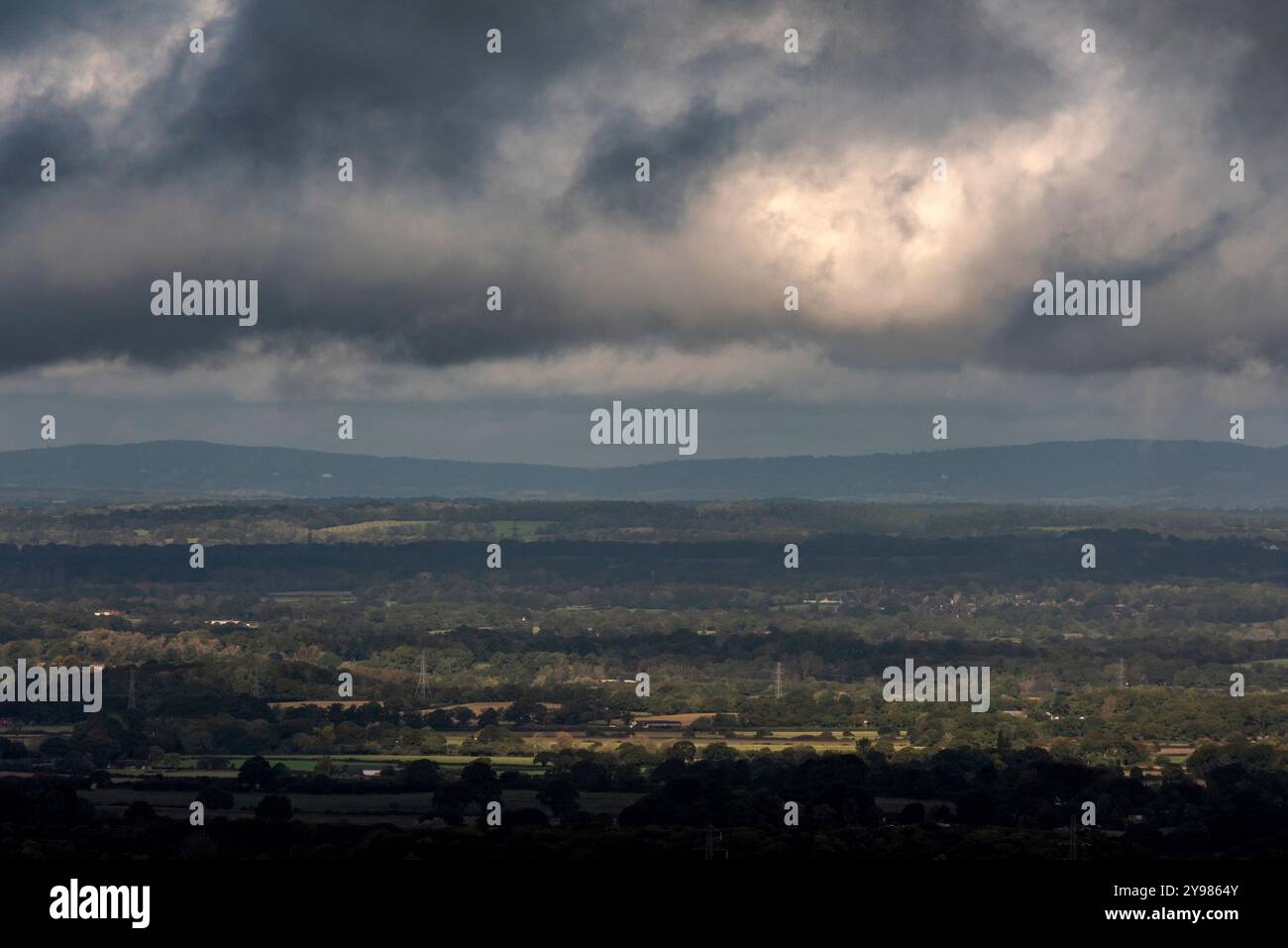 Brighton, October 9th 2024: Storm clouds over the Weald of Sussex, seen from Devil's Dyke in the ...