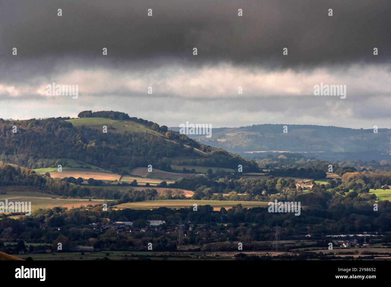 Brighton, October 9th 2024: Storm clouds over the Weald of Sussex, seen from Devil's Dyke in the ...