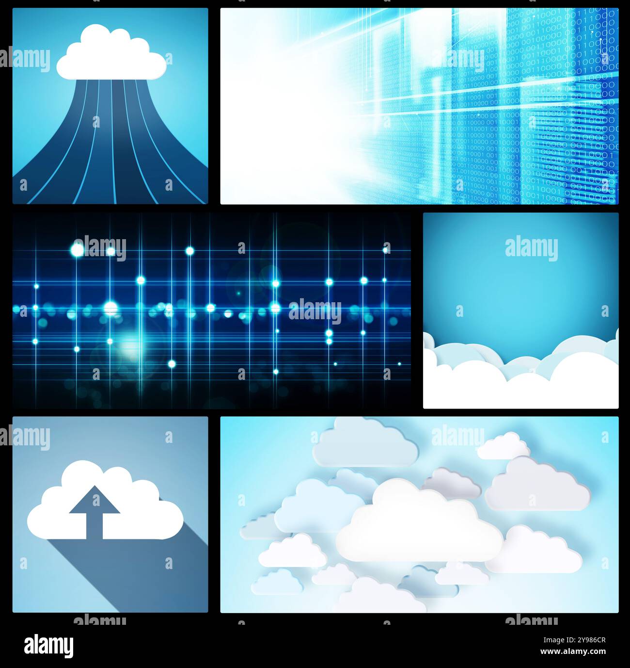 Collage, futuristic and digital for big data, information and ...