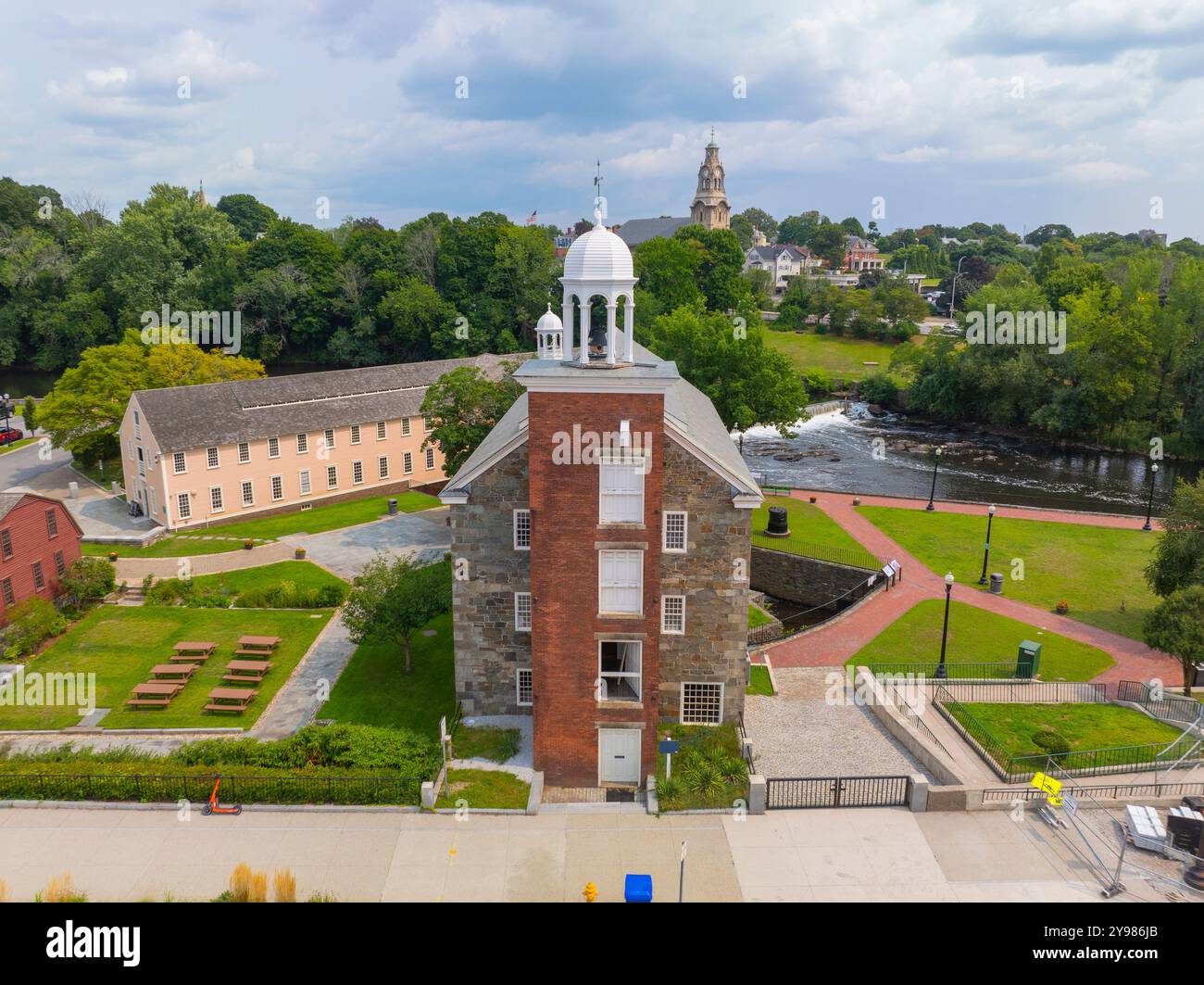 Historic Wilkinson Mill building aerial view in Old Slater Mill ...