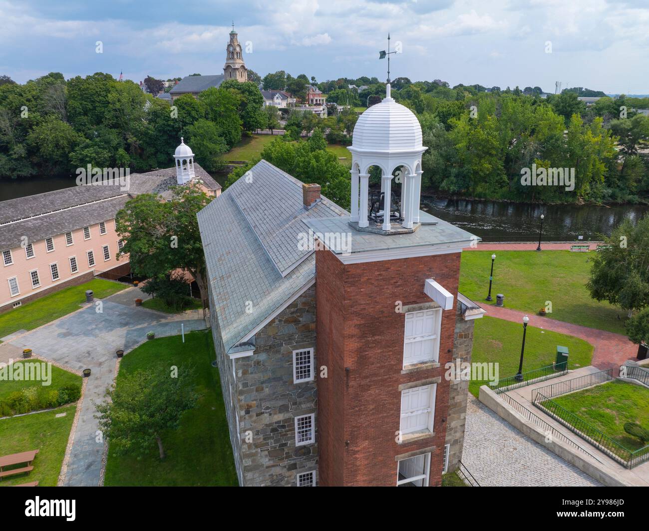 Historic Wilkinson Mill building aerial view in Old Slater Mill ...