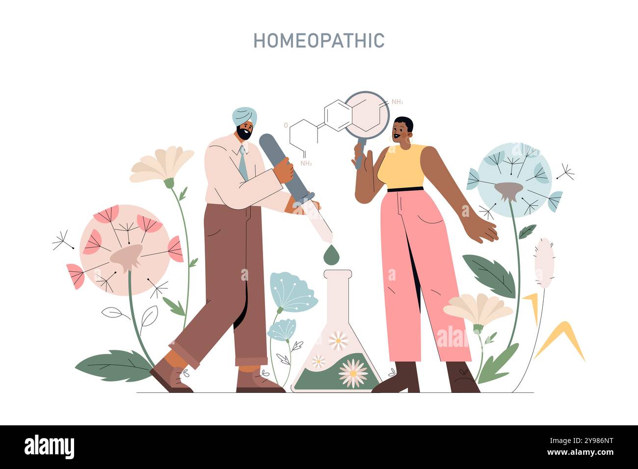 Homeopathy concept. Two diverse characters engaging with natural ...