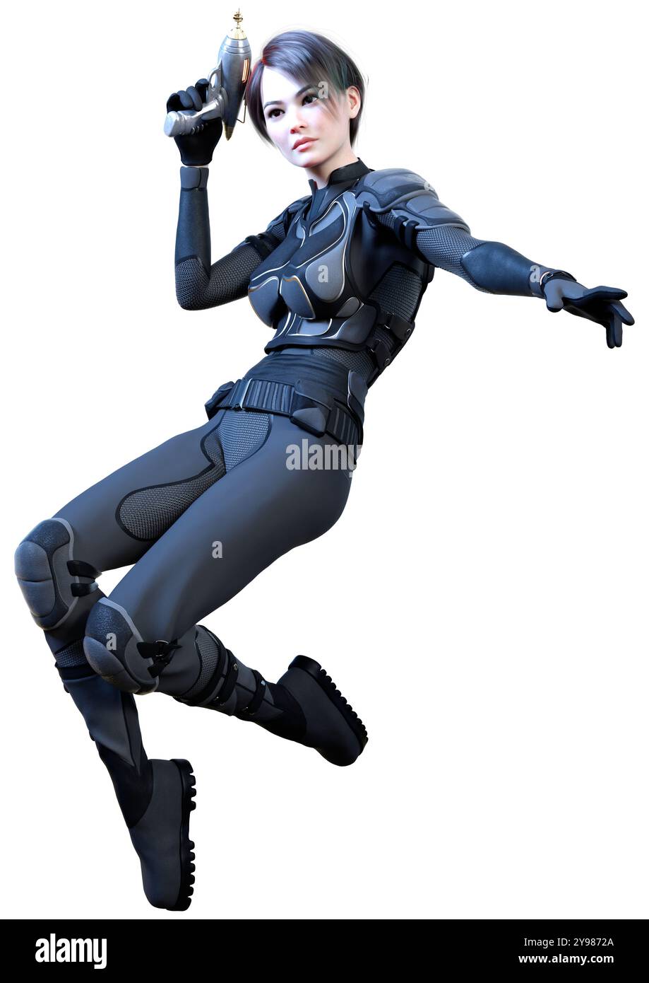 3D rendering of a sceince fiction warrior woman holding a raygun ...