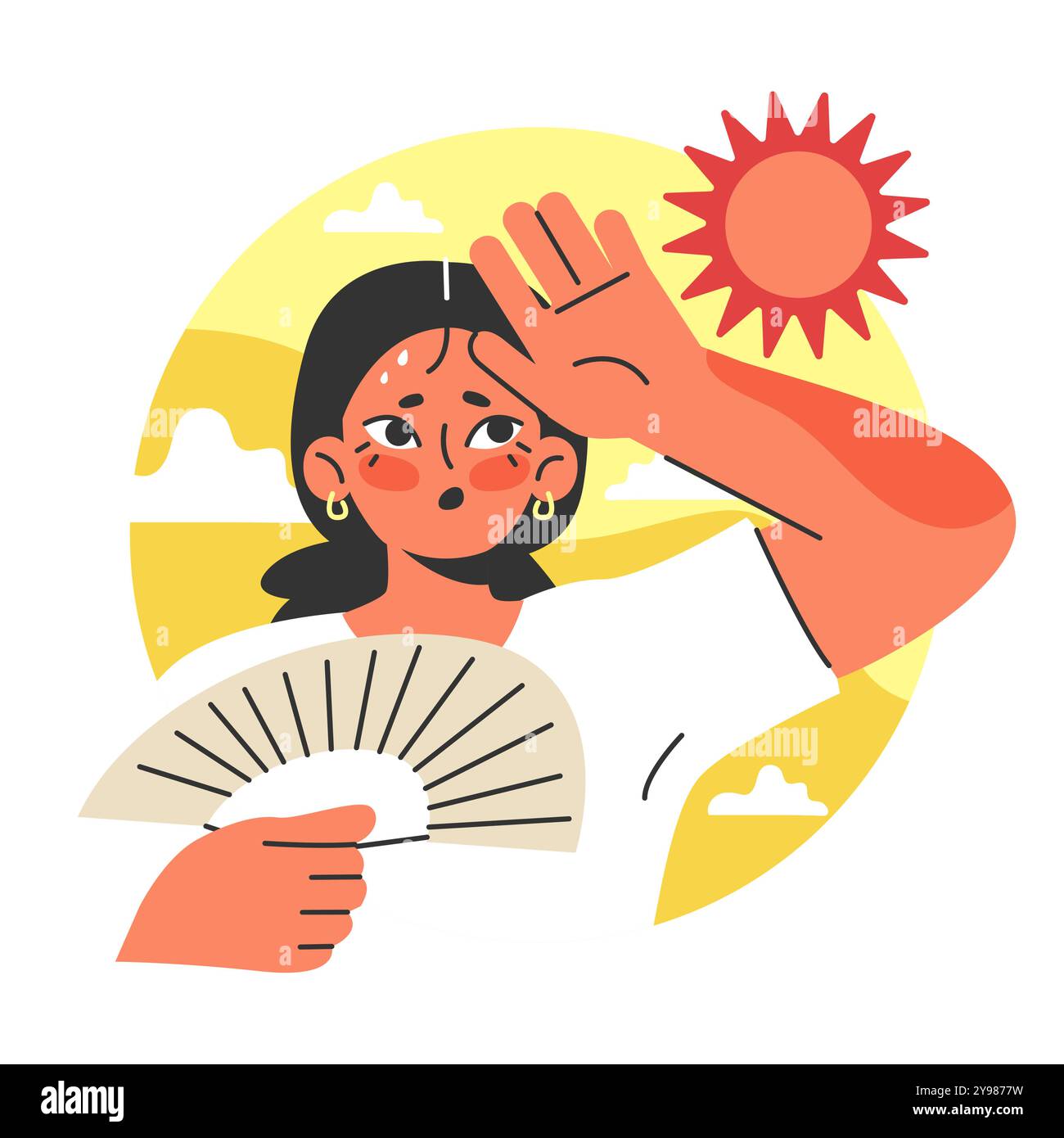 Heat wave. Female character suffering from heat. Global warming and ...