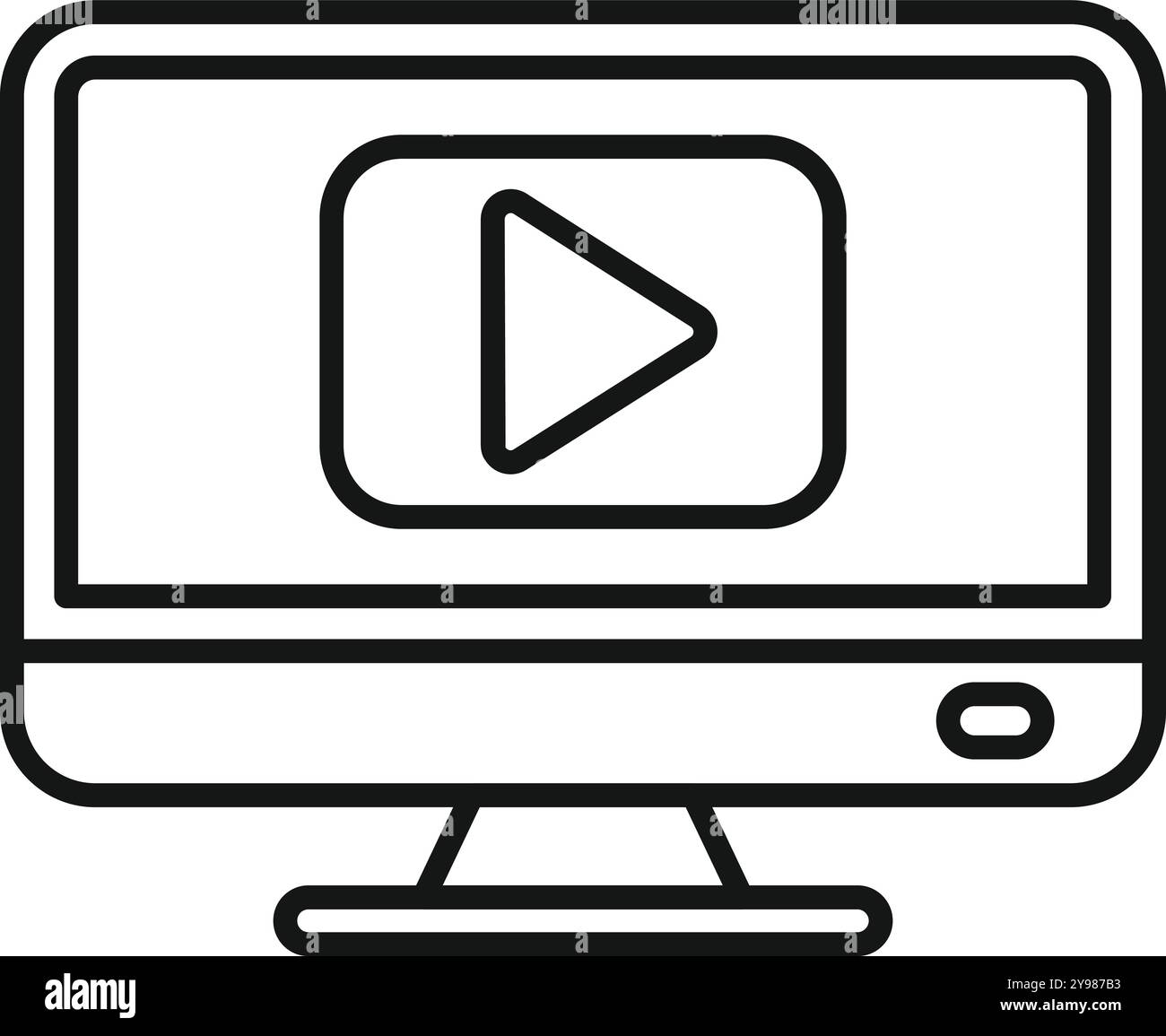 Simple vector illustration featuring a desktop computer monitor displaying a video streaming ...