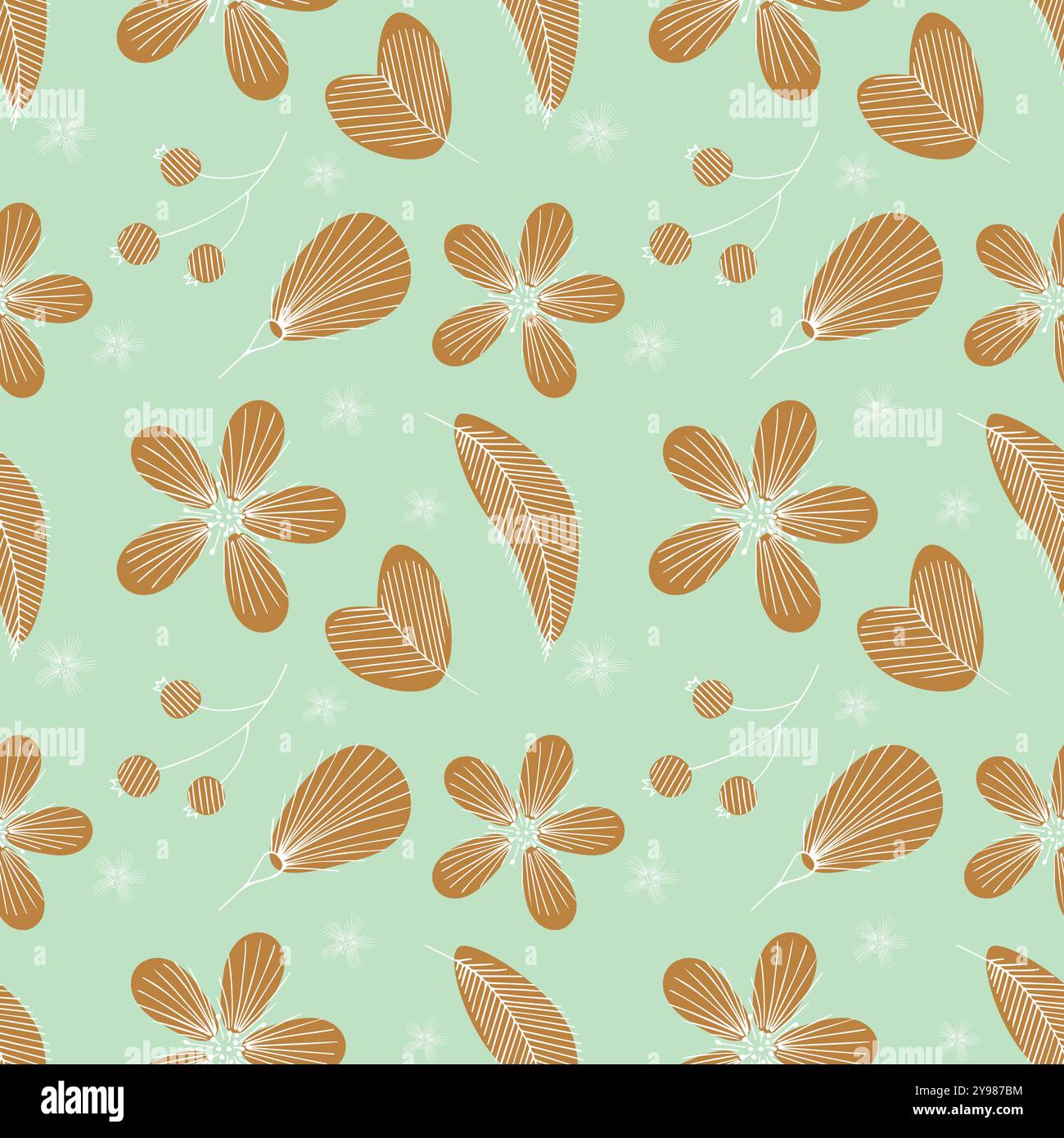 Flowers gold doodle pattern on mint green background. Vector ...