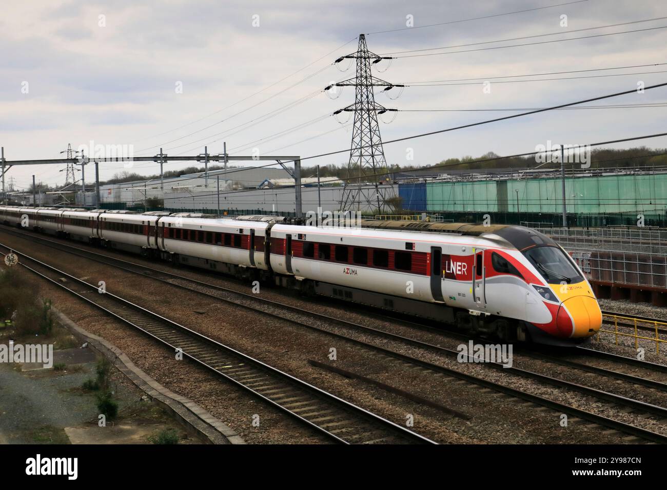 LNER Azuma Class 801 train, passing the Werrington Grade Separation ...