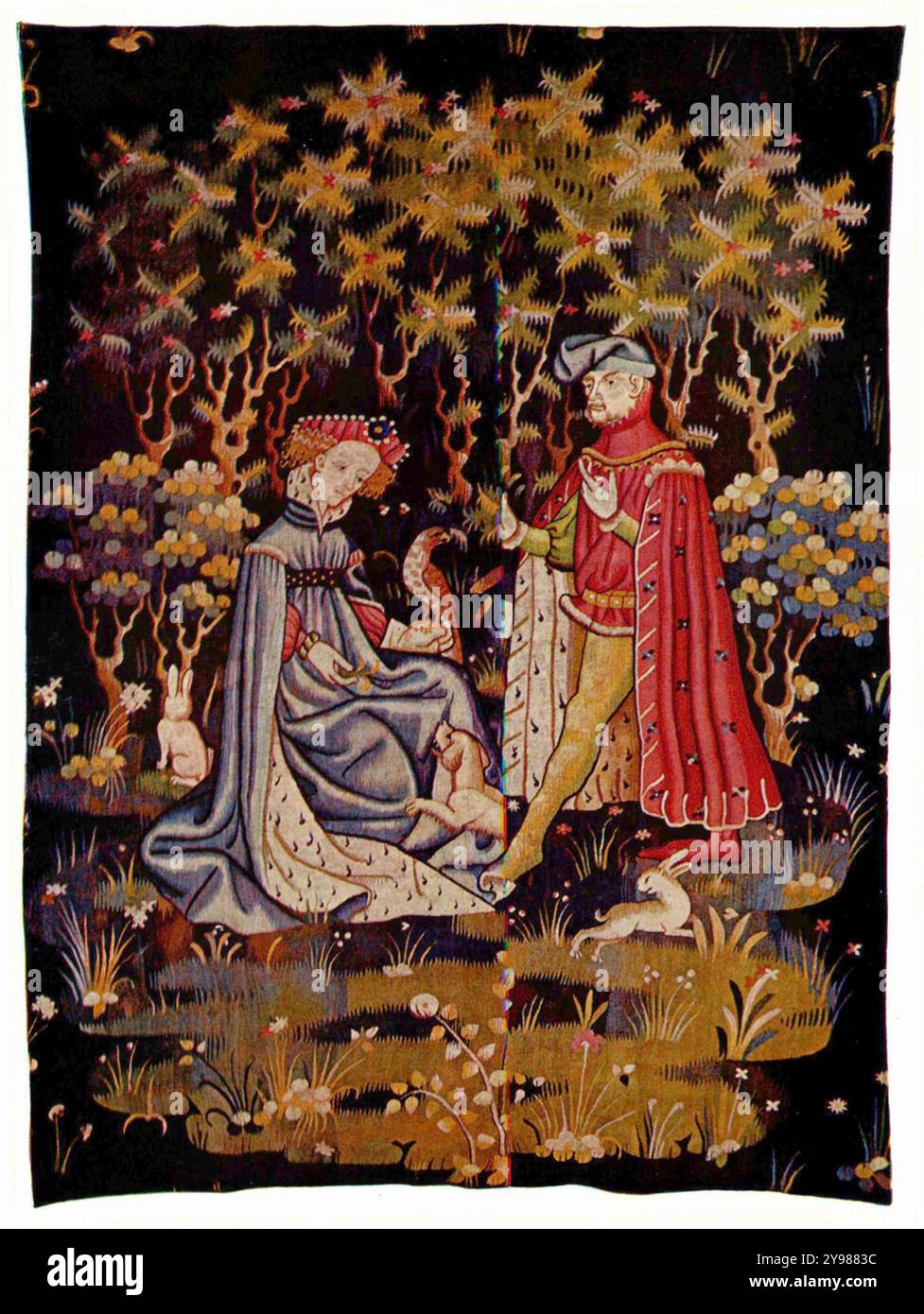 Arras tapestry of about 1410 (the dog and rabbits signify lust Stock ...