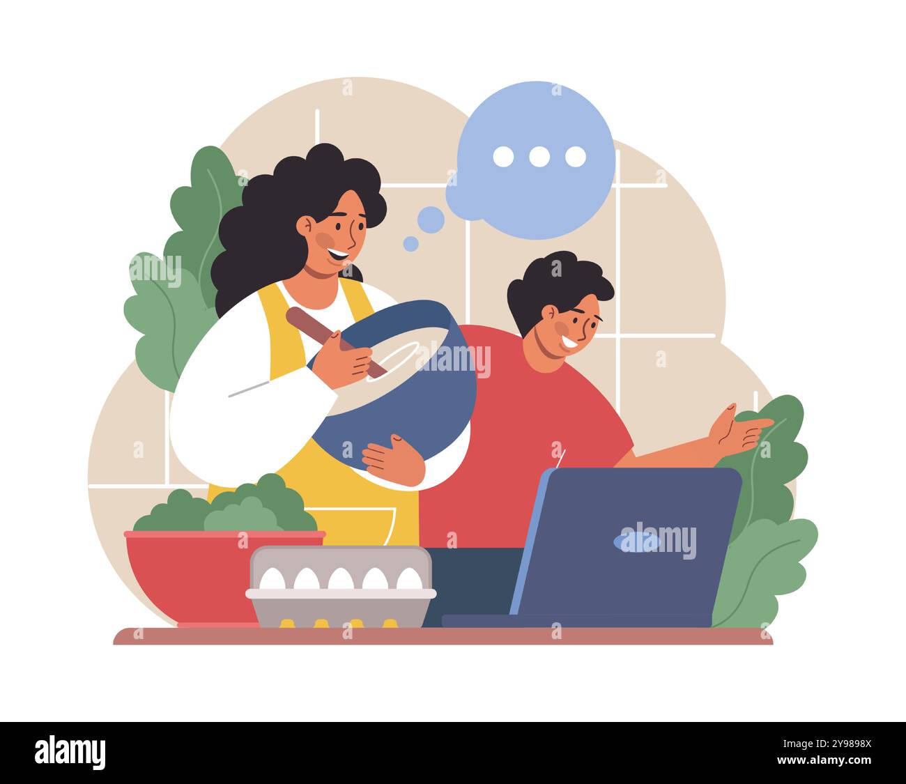 Mother teaching her child how to cook. Family making food in the ...