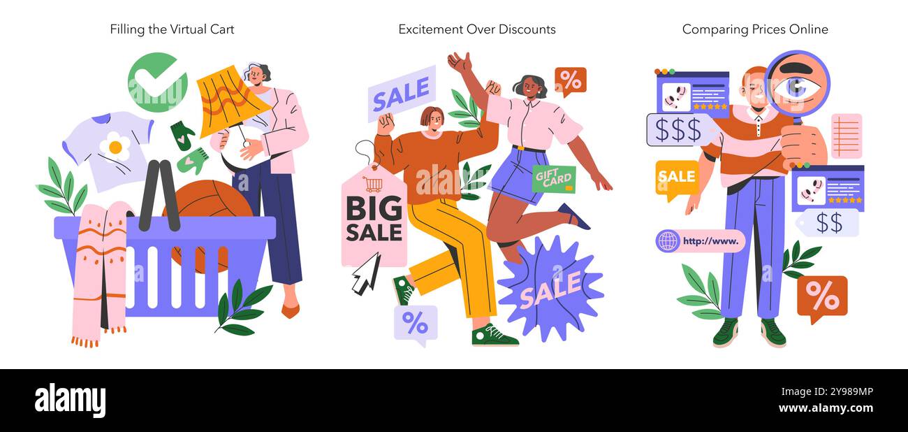 Cyber Monday set. Online shopping stages from adding products to ... Cyber Monday set. Online shopping stages from adding products to ...