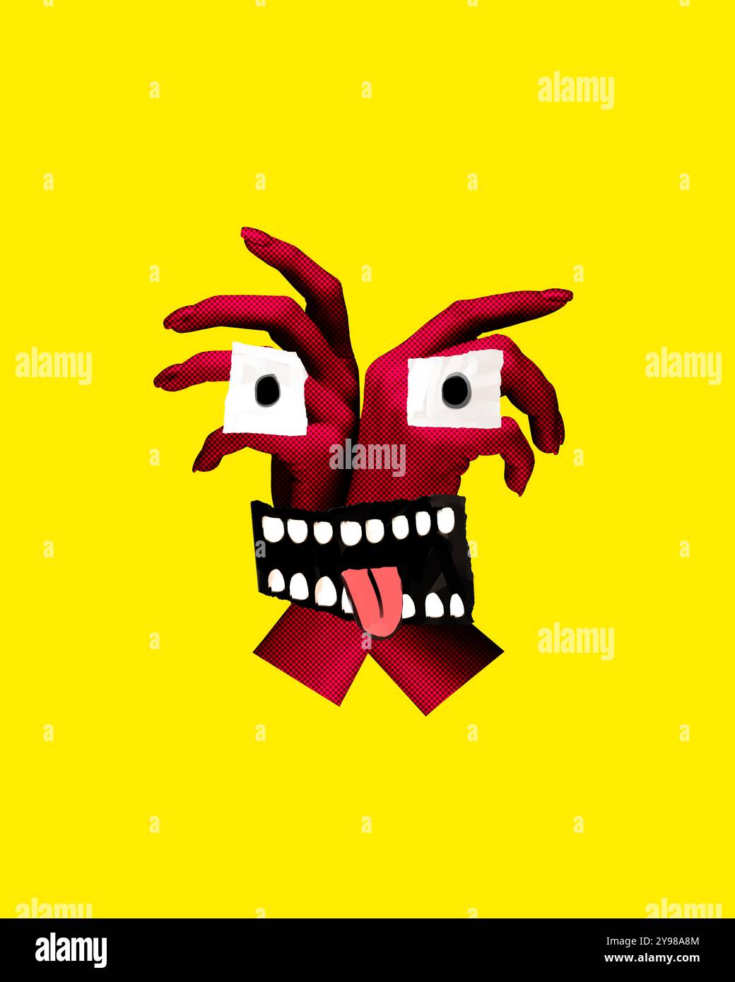 Red hand forming funny character with drawn eyes and creepy smile with ...