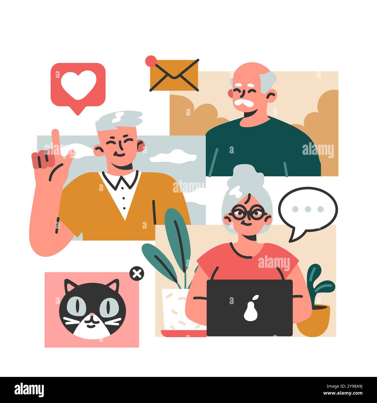 Modern old characters using internet and computer. Seniors confidently ...