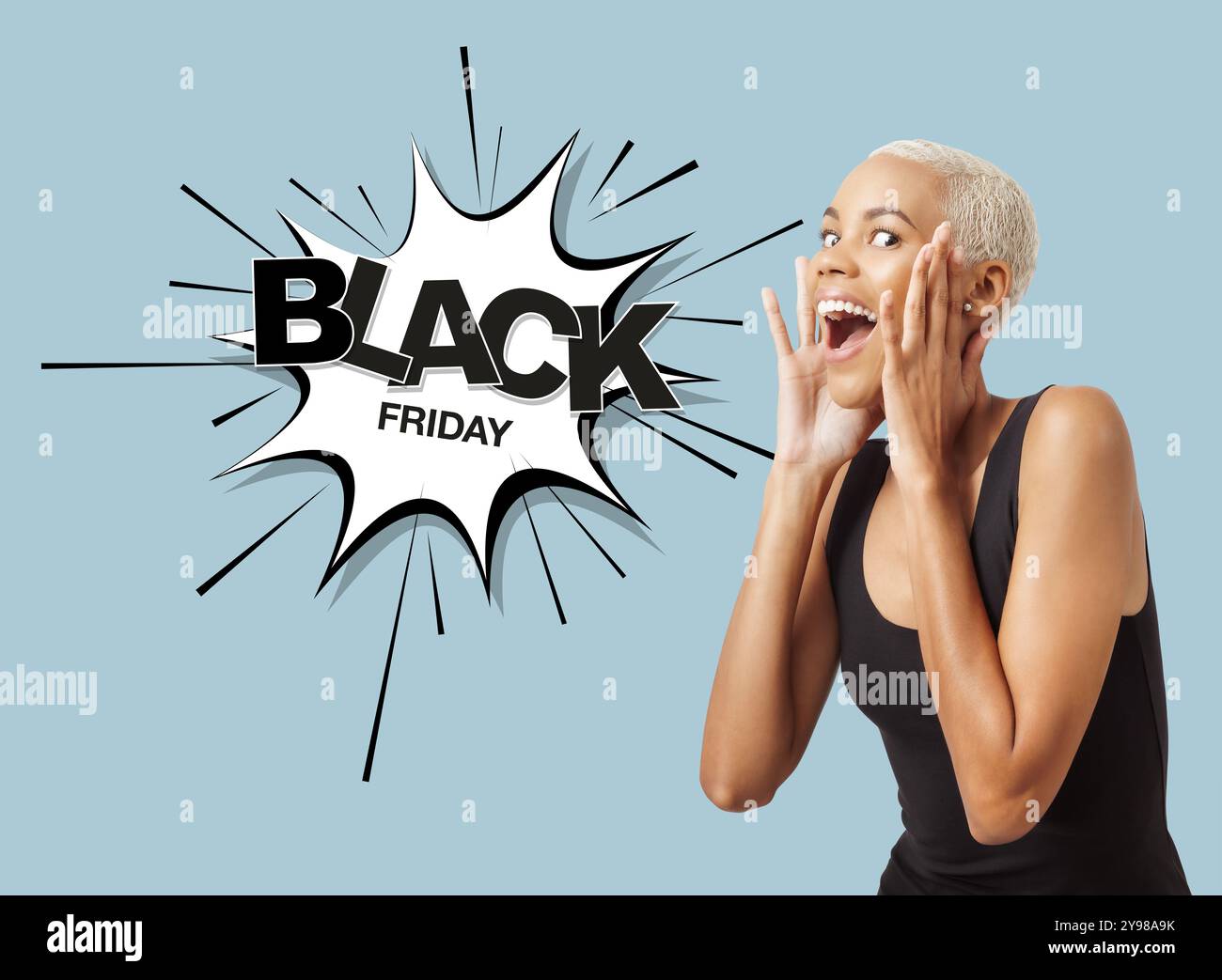 African woman screaming message of Black Friday written text in comic ...