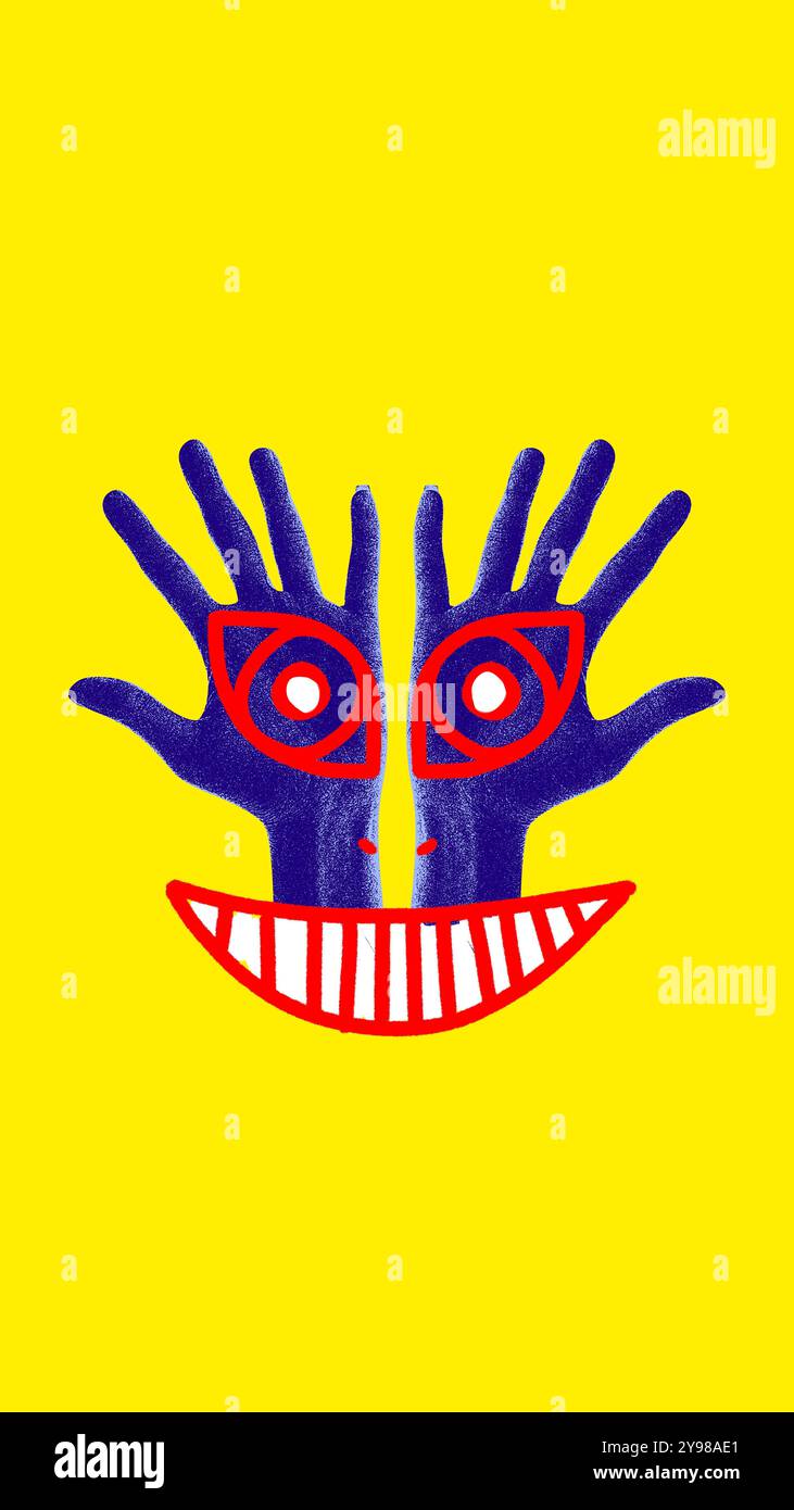 Two purple hands with red eyes and wide smile against yellow background ...