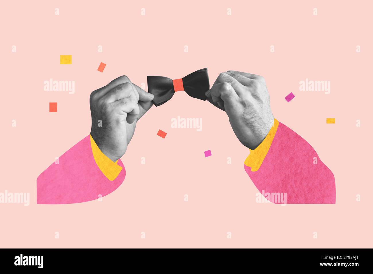 Creative drawing collage picture of hands gentleman fix bowtie ...