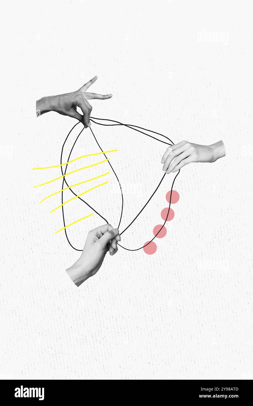 Vertical photo collage of hands play game string knot riddle teamwork ...