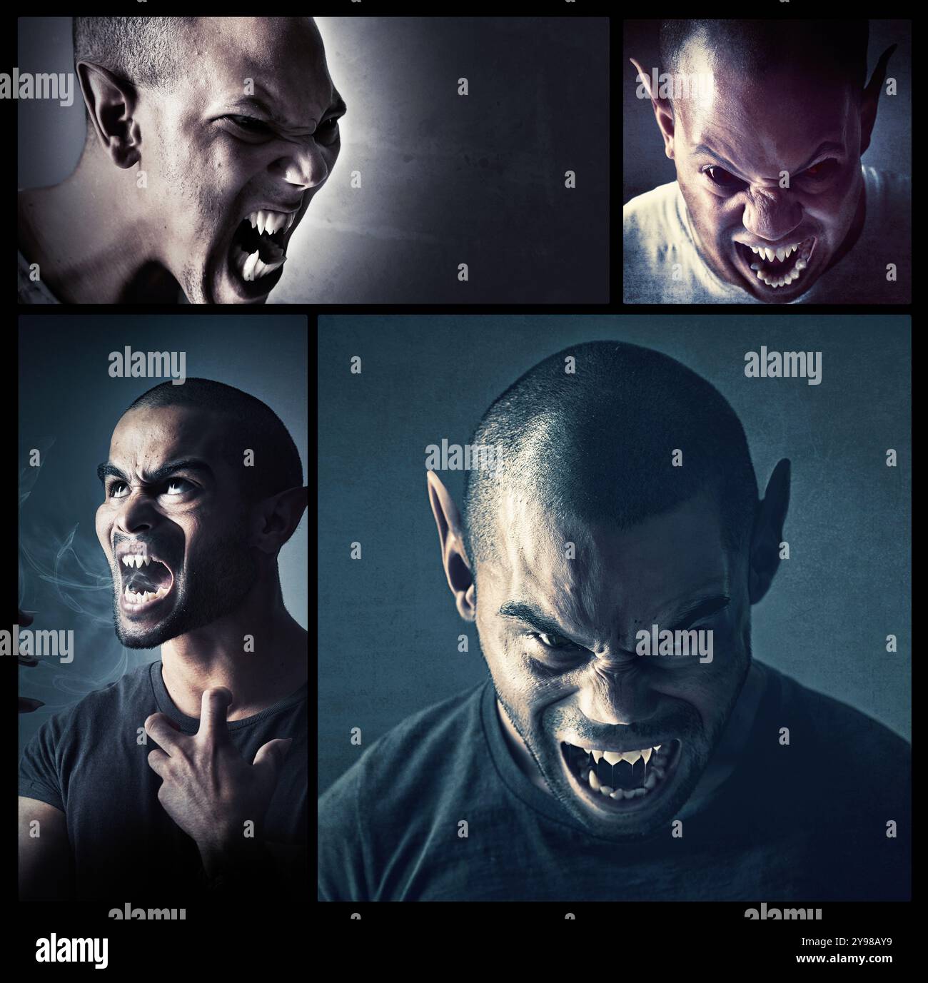 Collage, monster or werewolf with man in studio on dark background for ...